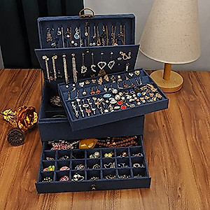 GYJOYERO Jewelry Box Jewelry Earrings Organizer Women Girls 4 Layers with Drawer Necklaces Rings Watches Display Case Storage Lockable GY708 (Navy)