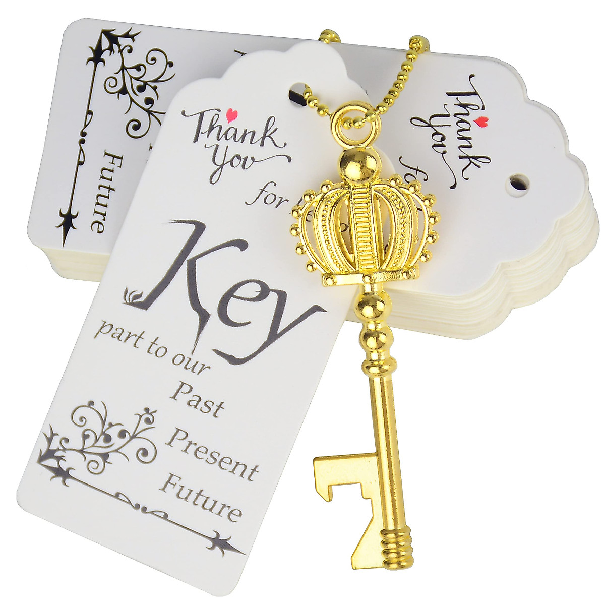 Aokbean 52 pcs Crown Key Bottle Opener with Tag and Keychain,Vintage Skeleton Key Bottle Opener for Wedding Party Favors (Gold)