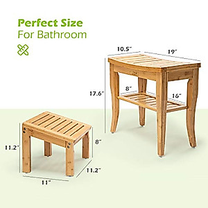 OasisCraft Bamboo Shower Bench with Foot Stool, 2-Tier Wood Spa Bath Organizer Seat with Underneath Storage Shelf, Wooden Bath Chair for Inside Shower, Small Bathroom Stool with Free Soap Dish