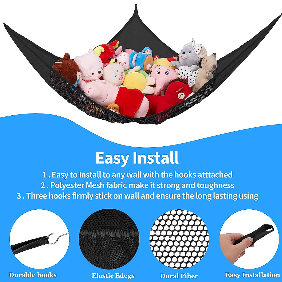 LXUNYI Stuffed Animal Net or Hammock, Net for Stuffed Animals, Plush Toy Net Hammock for Stuffed Animals with Tassels Wall Corner Mesh Stuffed Toys Hanging Net Hammock Organizer (White)