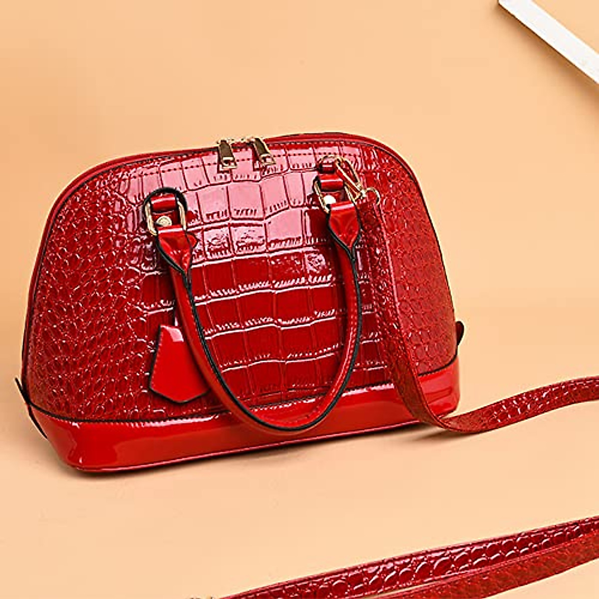 Dayfine Classic Dome Satchel Bags for Women Crocodile Pattern Faux Leather Crossbody Bags Top Handle Handbags Zipper Purse-Red