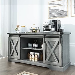 Squireewo Farmhouse Buffet Cabinet Sideboard with Sliding Barn Doors, Rustic Coffee Bar Cabinet Server with Storage and Adjustable Shelves, Cupboard Table for Kitchen Dining Room Living Room, Grey