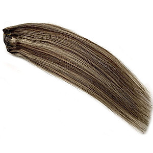 Clip in Hair Extensions Real Human Hair, 15 Inch 7PCS Human Hair Clip in Extensions Brown and Blonde Highlights Thick Full Brown Hair Extensions with Blonde Highlights Clip ins, Lightweight to Wear