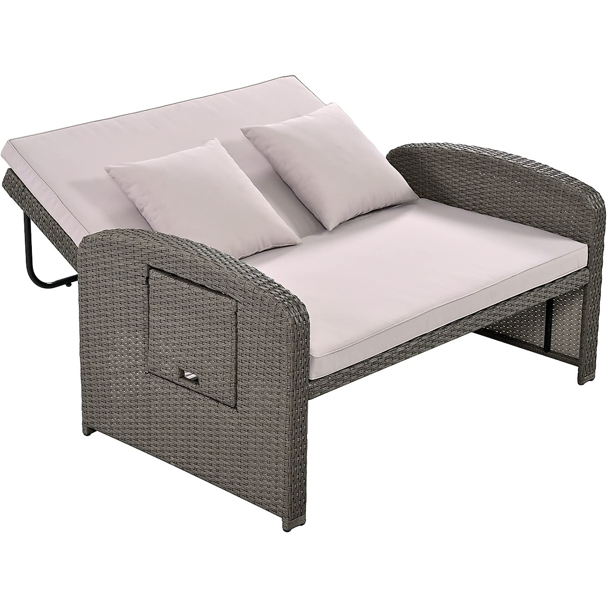 PE Wicker Rattan Double Chaise Lounge with Cushions & Pillows, 2-Person Reclining Sunbed with 3-Height Adjustable Back for Patio Balcony, Free Furniture Protection Cover (Gray + Rattan + Foam)
