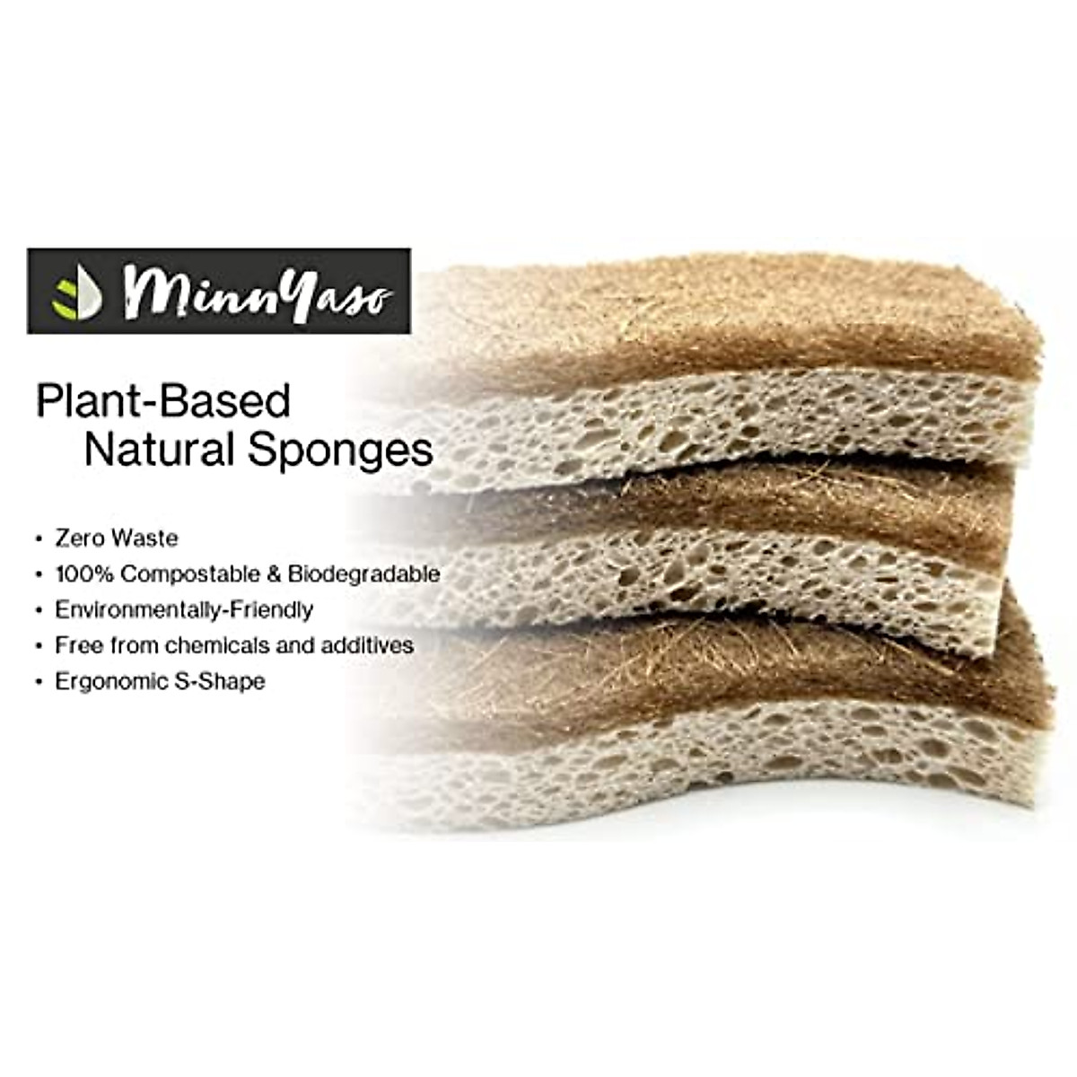 MinnYaso 12 Pack S-Shape Natural Sponges, Hemp Sisal Plant Based Scrubber Scouring Sponge, Eco-Friendly Odor Free Biodegradable Compostable Wood Pulp Sustainable Scrub Pads for Kitchen Dishes Bathroom