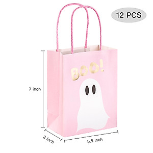WRAPAHOLIC 12 Pack 7" Small Halloween Kraft Paper Gift Bags - Pink Ghost Boo Design for Hallowen, Holiday, Party Gift Wrap