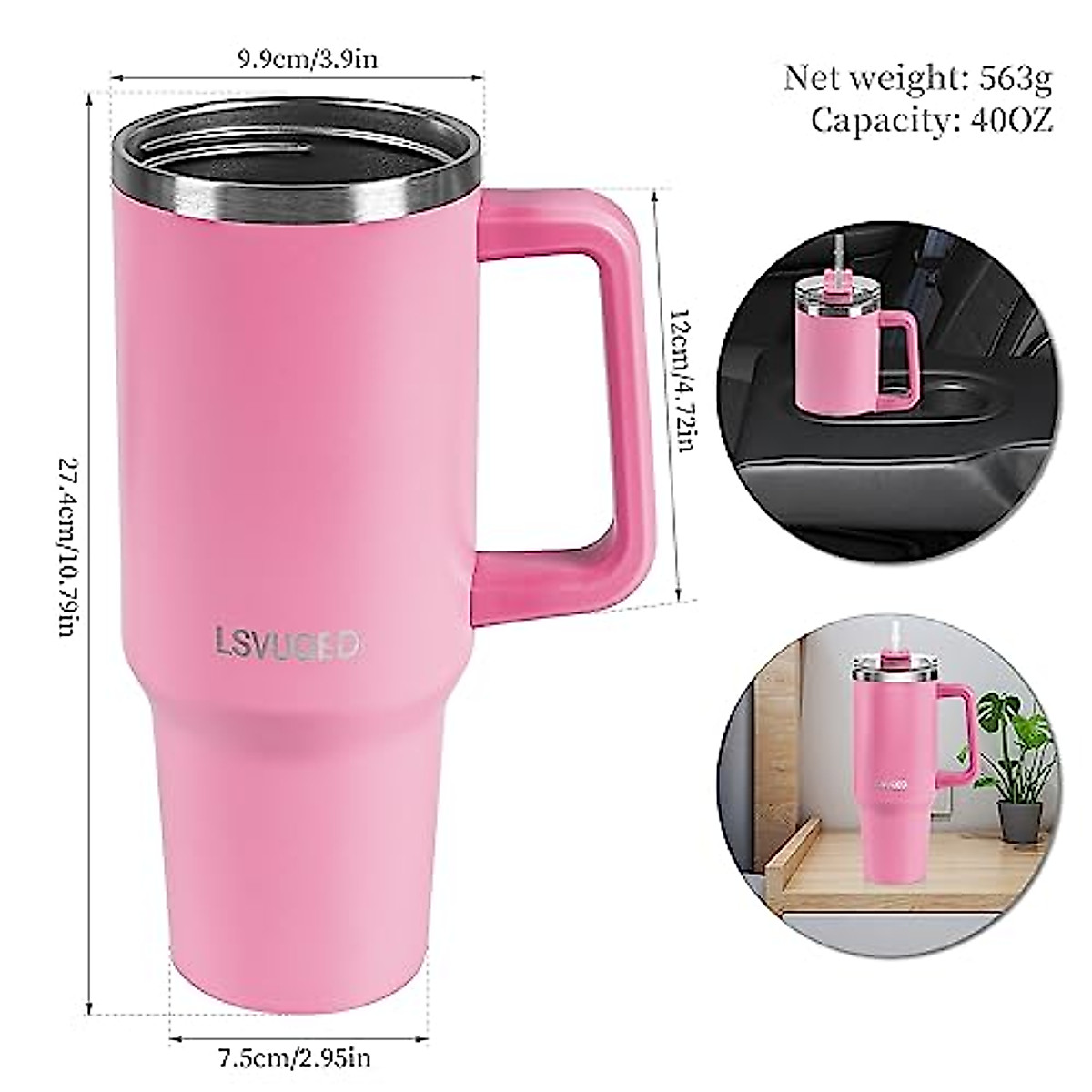 LSVUQED 40 oz Tumbler with Handle and Straw Lid, Insulated Reusable Stainless Steel Travel Mug Keeps Drinks Insulation up to 12 Hours, Leakproof Bottle for Water, Tea or Coffee and More.(Hot Pink)