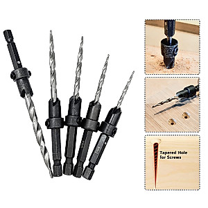 Saipe 5pcs Wood Tapered Countersink Drill Bit Set Hex Shank Screw Drill Counter Sink Bit 7/64", 9/64",11/64", 3/16", 7/32" Adjustable Drilling Tool Kit on Pilot Counter Sinker Hole for Woodworking