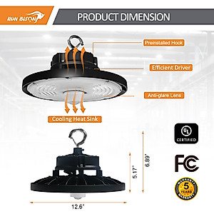 Run Bison LED High Bay Light with Motion Sensor, Adjustable Power 150w/200w/240w, 22500lm/30000lm/36000lm. 3CCT 3000K/4000K/5000K,0-10V Dimmable UFO High Bay Light with Preinstalled Hook - 8PK