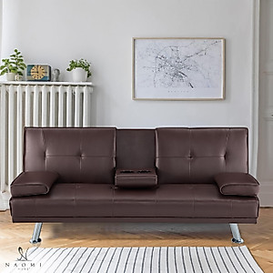 Naomi Home Transform Your Living Space with Comfort Espresso Futon Sofa Bed with Armrest, Cupholders, & Reclining Function, Ideal for Cozy Living Rooms! Sofa Bed Couch with Metal Legs, Faux Leather