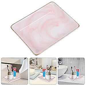 Cabilock 2PCS Bathroom Vanity Tray Marble Pattern Ceramic Toothbrush Holder Countertop Storage Organizer Decorative Jewelry Display Tray (Pink)