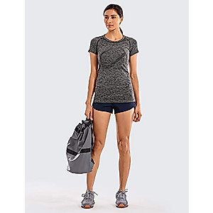 CRZ YOGA Seamless Workout Shirts for Women Short Sleeve Sports Tees Quick Dry Breathable Gym Athletic Tops Black and White Medium