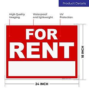 Sigo Signs, for Rent Sign, (2 Pack) Double Sided 18x24 Inches, Corrugated Plastic with Metal H Stake, Made in USA