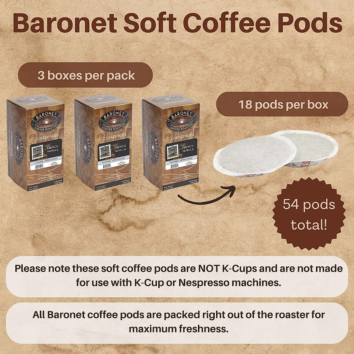 Baronet Coffee Pods [French Vanilla-54 Pods] Flavored Single Cup Use, Compatible with Senseo Coffee Machines [3 Boxes of 18 Single Serve 10 Gram Pads] Regular Strength Soft Coffee Pods, Medium Roast