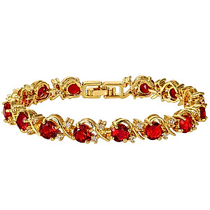 RIZILIA BLOSSOM Tennis Bracelet & Round Cut CZ [Simulated Red Ruby] in Yellow Gold Plated, 7"