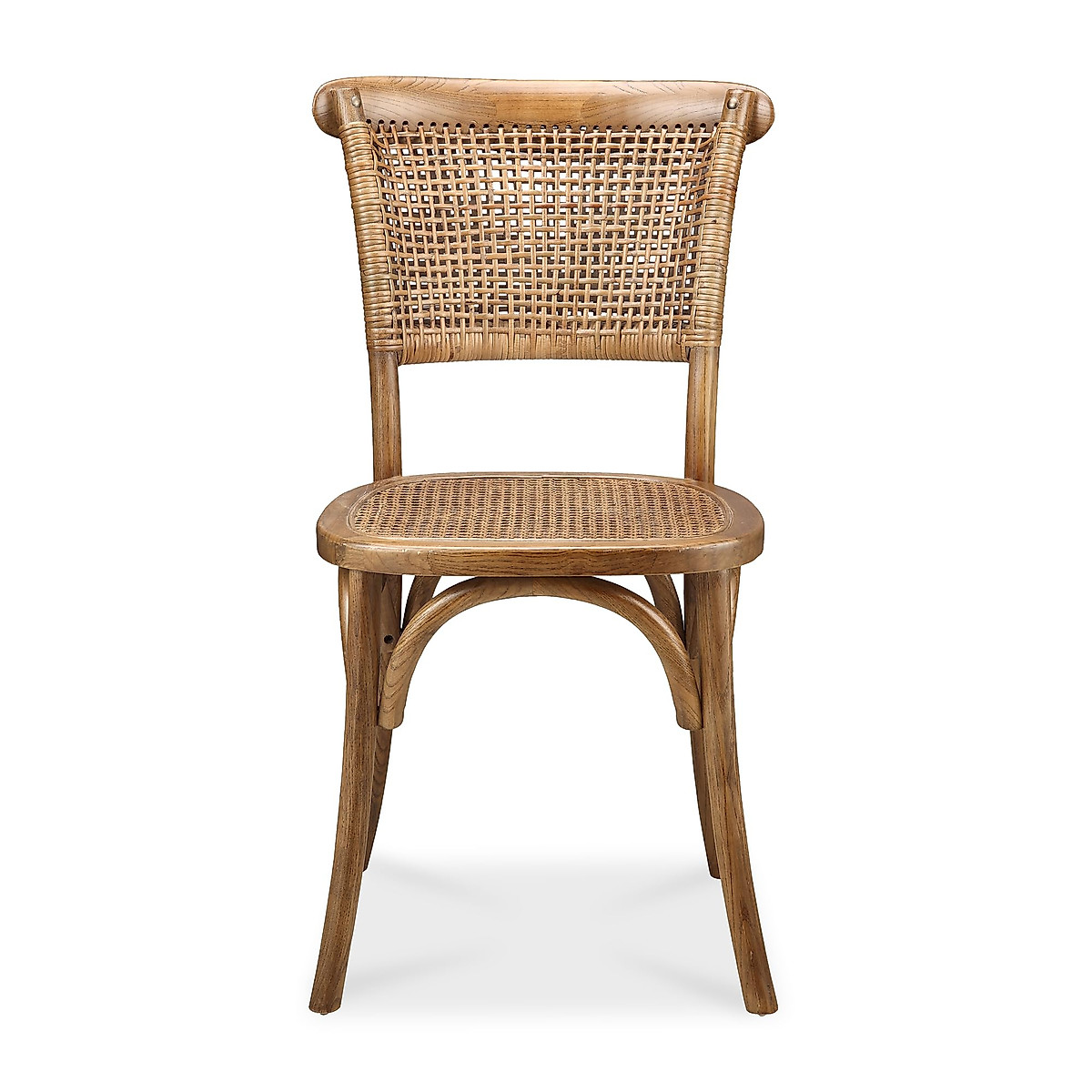 NADAAL STUDIOS Winston Dining Chair, Solid Elm with Rattan Cushioning, Light Brown- Set of Two