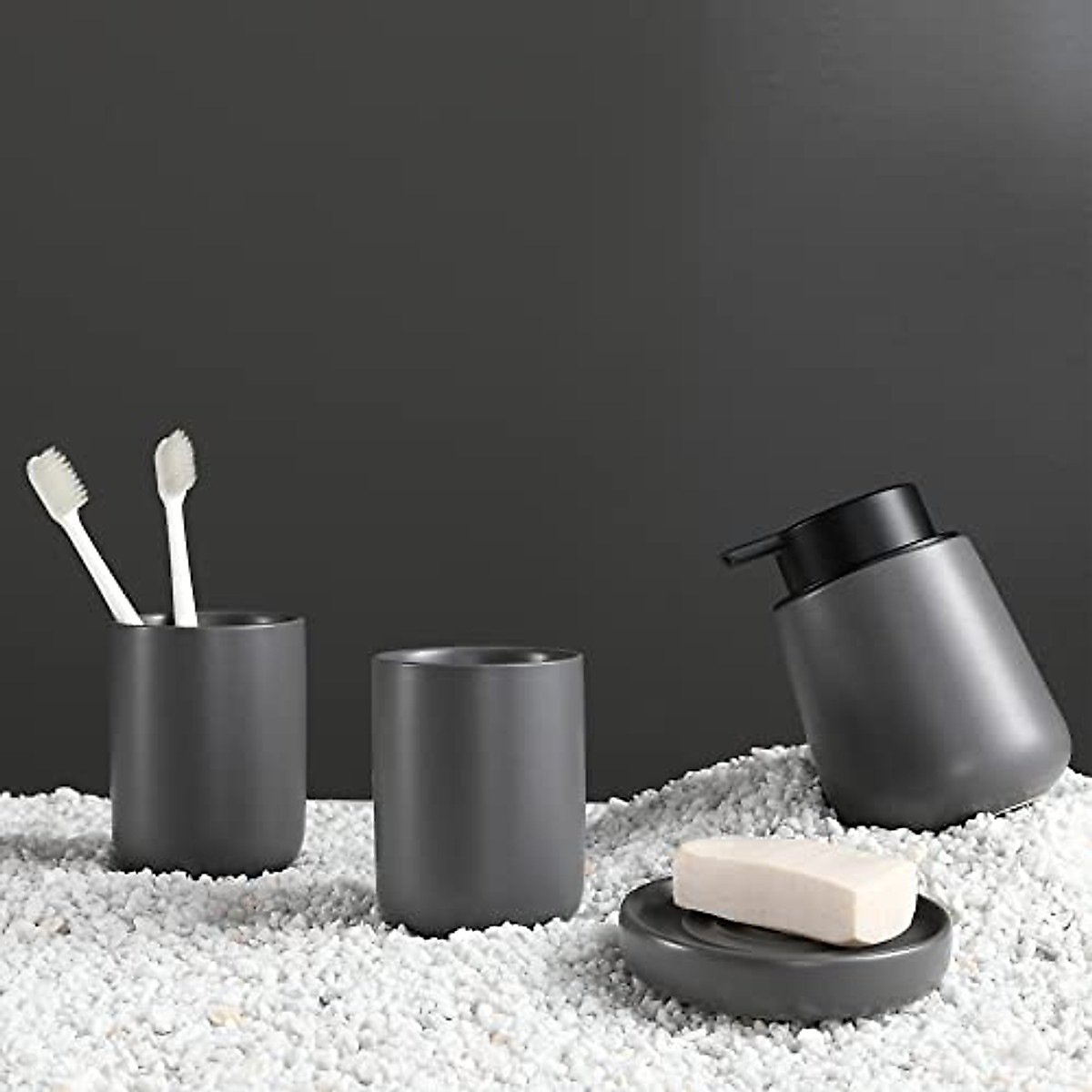 EVTHSU Ceramic Bathroom Accessory Set, 4 Pcs Bath Countertop Accessories Decor, Farmhouse Matte Hand Soap Dispenser Set with Liquid Pump Bottles, Tumbler, Soap Dish - Grey