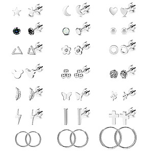 Staligue 21 Pairs Stainless Steel Earrings Set for Women Men Hypoallergenic 20G Flat Back Studs Earrings and Hoop Earrings Set Star Moon flower Snake Leaf Cartilage Piercing Earrings Jewelry Gifts