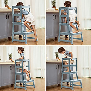 Kitchen Step Stool for Toddlers and Kids with Safety Rails for Kitchen Counter Solid Wood (Baby Blue)