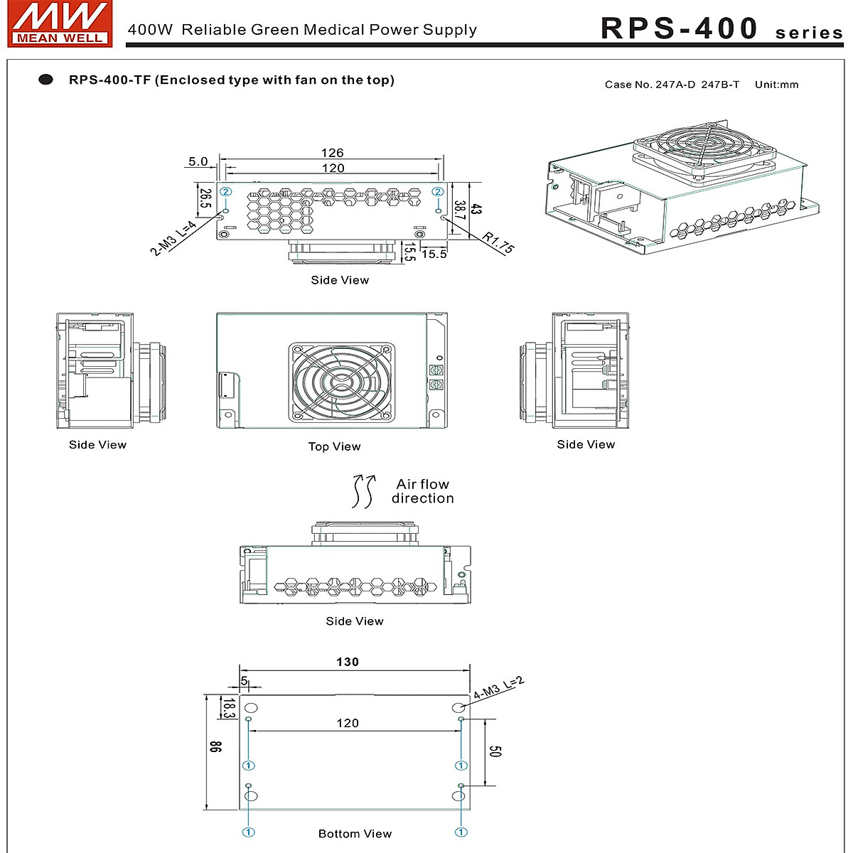 Mean Well 400W Reliable Green Medical Power Supply Meanwell Uninterruptible Power Supply Computer Power Supplies 24V 16.7A (RPS-400-24-SF 24V/16A/400W/Medical Power)