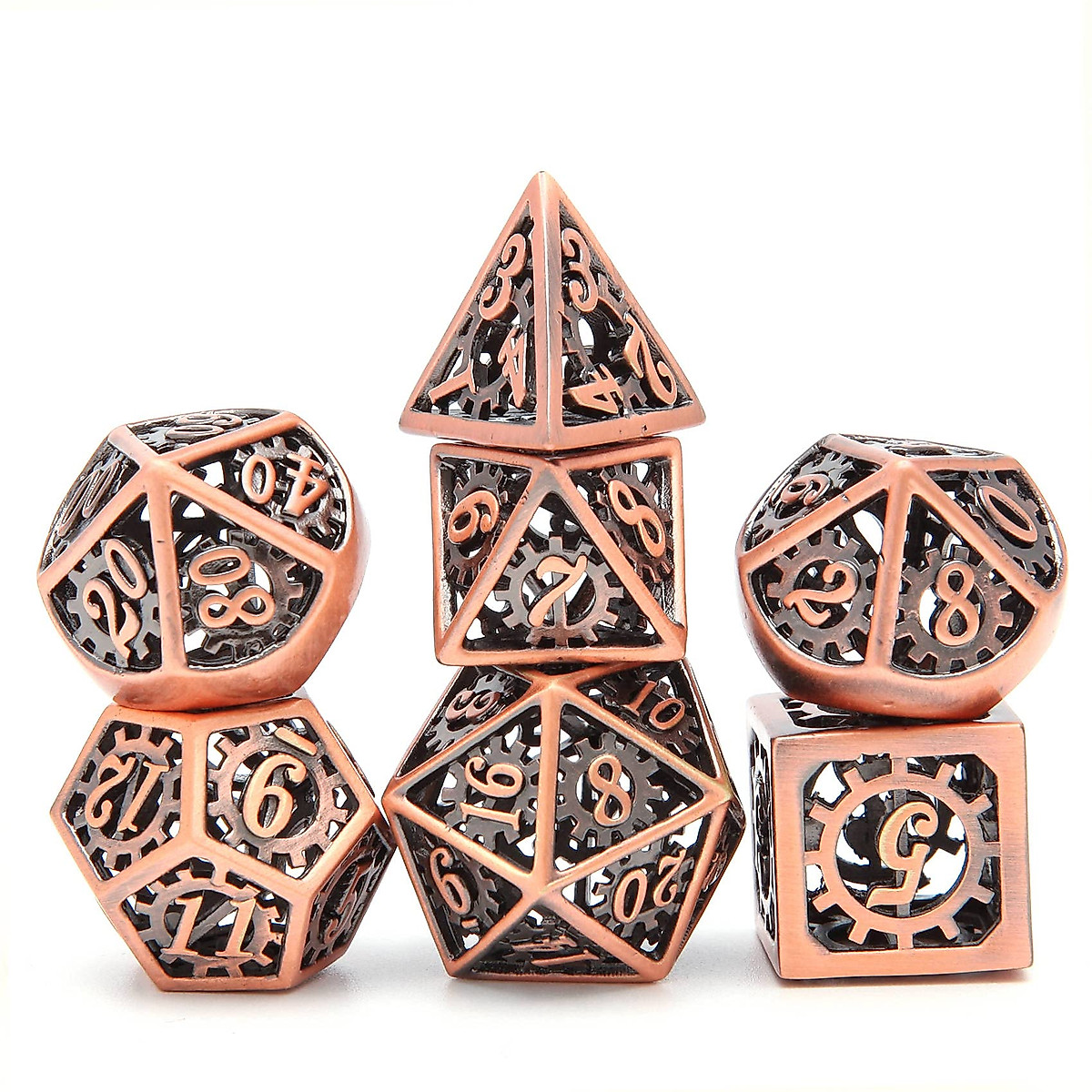 Metal Dice Set D&D, Dungeons and Dragons Dice Set,Hollow Out Retro Number Rainbow Unique Polyhedron Game RPG DND Metal Dice Set, Ancient Red Copper-24, Small