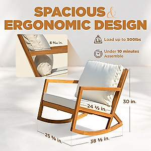 IDZO Premium Club Rocking Chairs 500lbs Capacity with Inclined Backrest, Thick Foam, Solid Acacia Wood Rocker for Patio, Backyard, Balcony, Porch, Beige - 2 Cushions