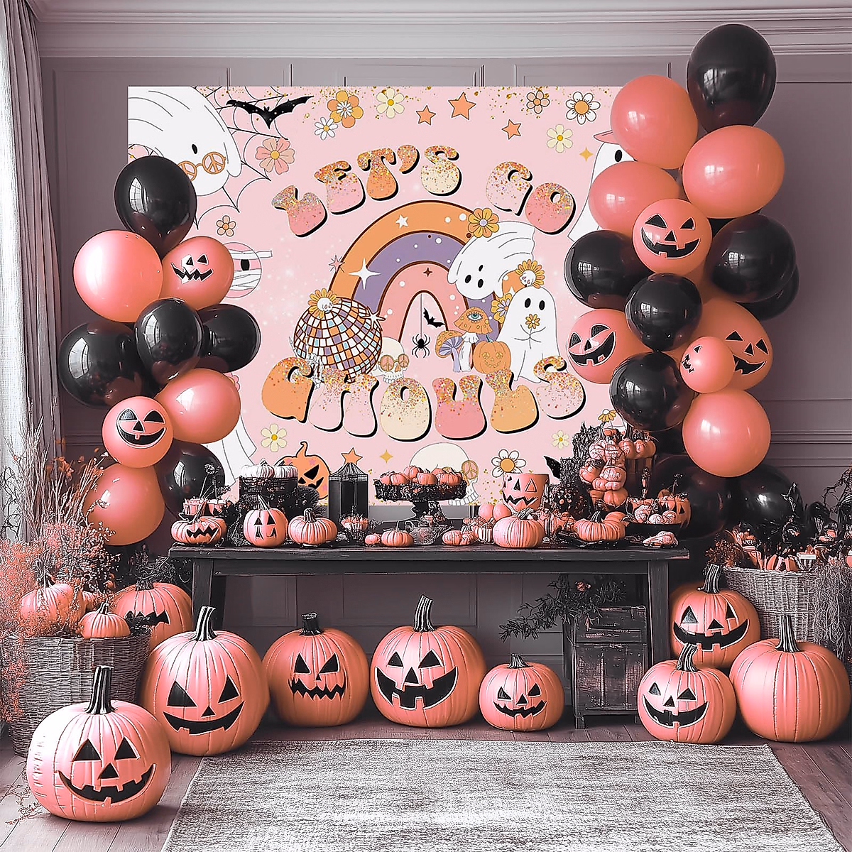 Mocsicka Halloween Bachelorette Party Backdrop Let's Go Ghouls Bridal Shower Party Decorations Retro Groovy Hippie Ghost Boo Wedding Engagement Cake Table Banner (Pink, 8x6ft(96''x72''))