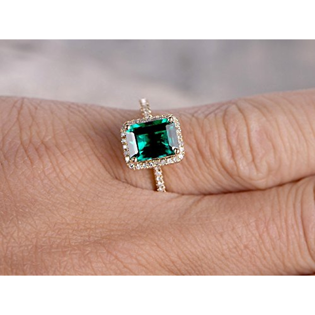 Emerald Engagement Ring,14K Yellow Gold,May Birthstone,6x8mm Emerald Cut Green Gems,Halo,Ball Prong Set