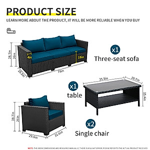 Lviden 4 Pieces Patio PE Wicker Sofa Sets Outdoor Rattan Conversation Furniture Set sectional Couch with Table and Peacock Blue Cushions