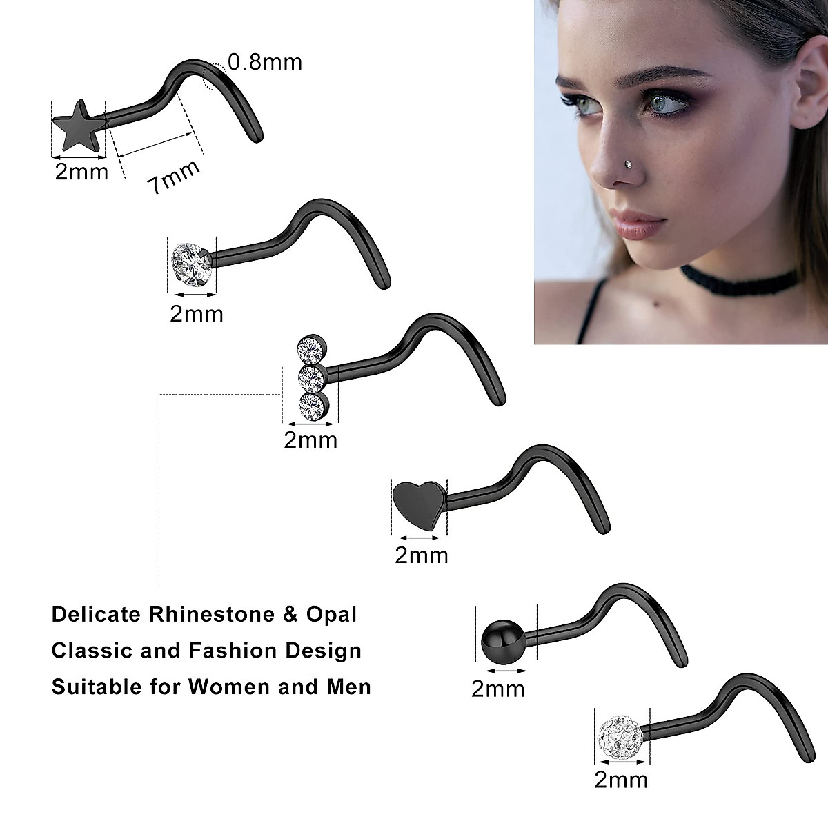 ONESING 40 Pcs 20G Black Nose Rings L Shape Studs Hoop Stainless Steel Bone Screw Body Piercing Jewelry for Women Men
