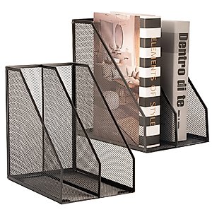 2 Set Magazine Holder Metal Wire, 2 Compartments Mesh File Holder for Desk, Office Desk Accessories Decorative File Box, Black