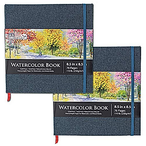 U.S. Art Supply 8.5" x 8.5" Watercolor Book, 2 Pack, 76 Sheets, 110 lb (230 GSM) - Linen-Bound Hardcover Artists Paper Pads - Acid-Free, Cold-Pressed, Brush Painting & Drawing Sketchbook Mixed Media