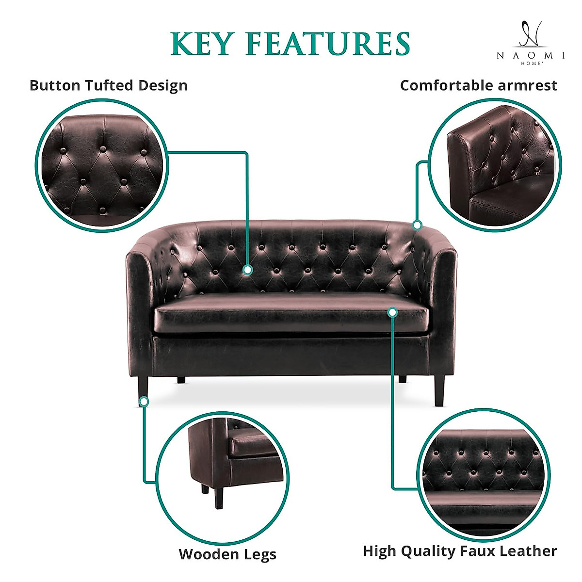 Naomi Home Barrel Love Seat, Button Tufted Faux Leather Loveseat Sofas, Faux Leather couches, Small Loveseats for Small Spaces, Bedrooms, Love Seat Couches for Living Room - Espresso
