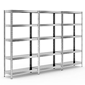 Giantex 3 Pcs 5-Tier Storage Shelves, 39 x 16 x 77 Inch Adjustable Steel Storage Rack with Foot Pads, 2866 LBS Load Capacity,Bolt-Free Installation Hevy Duty Garage Shelving for Warehouse, Silver