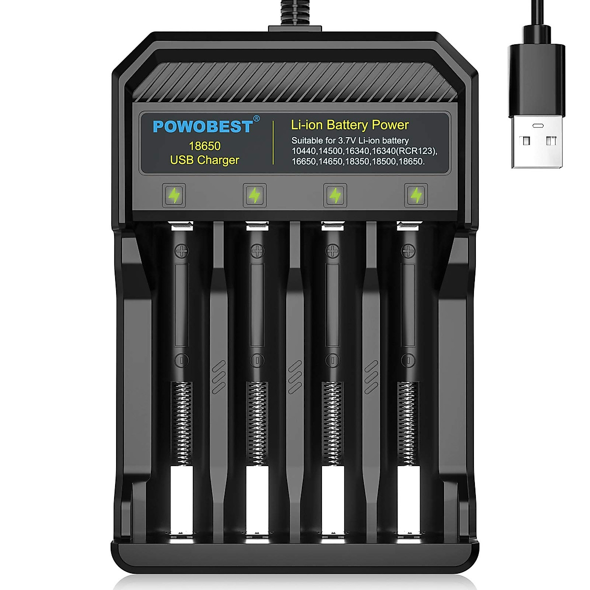 POWOBEST 18650 Battery Charger, 4 Bay USB Smart Universal Battery Charger Compatible with 3.7V Li-ion IMR INR 14500 14650 18350 18500 18650 RCR123A 18490 16340 17670 POWO18B Batteries Charger