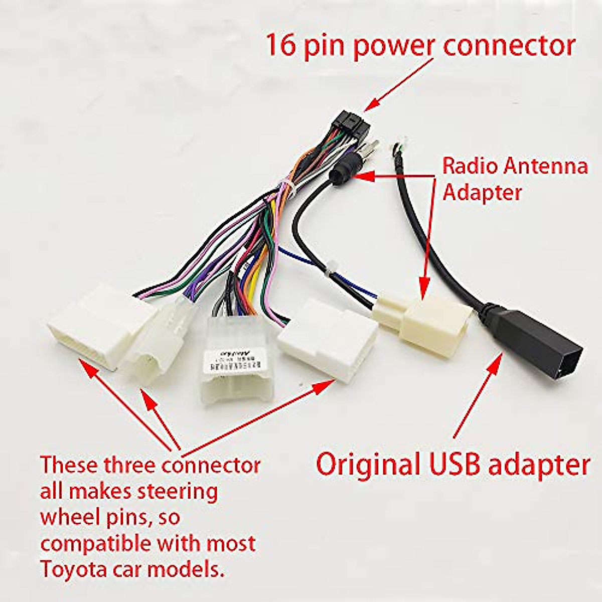16pin Power Harness for Toyota Corolla Camry RAV4 Tacoma Hilux Prado Highlander Car Stereo Radio Cable Wire USB Adapter for aftermarket Android GPS Navigation Non JBL