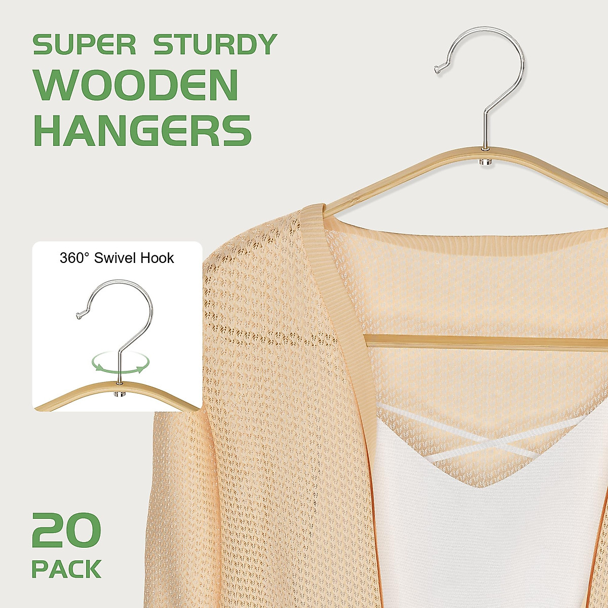 APRTAT Bamboo Hangers 20 Pack - Durable & Slim Coat Hanger - Suit Hangers with 360-Degree Rotatable Hook, Suit Hangers for Clothes, Jacket, Shirt, Tank Top, Pant (Natural-1, 20)
