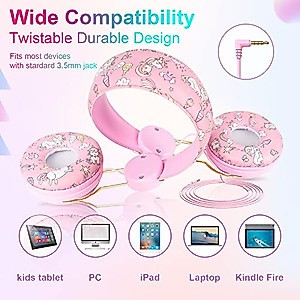 QearFun Unicorn Headphones for Girls Kids for School, Kids Wired Headphones with Microphone & 3.5mm Jack, Teens Toddlers Noise Cancelling Headphone with Adjustable Headband for Tablet/Smartphones