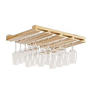 Rustic State 4 Sectional Adjustable Under Cabinet Mount Wood Stemware Rack Hanging Shelf Glassware Holder Bar Organizer with up to 12 Wine Glass Storage 10 Inch Deep Natural