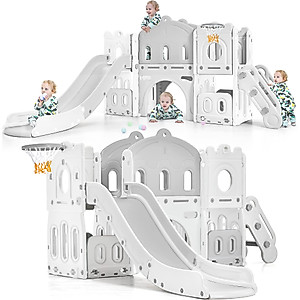 Merax 6-in-1 Kids Slide with Climber, Basketball Hoop, Tunnel and Storage Space, Outdoor Indoor Slide Playset for Toddlers Age 1-12