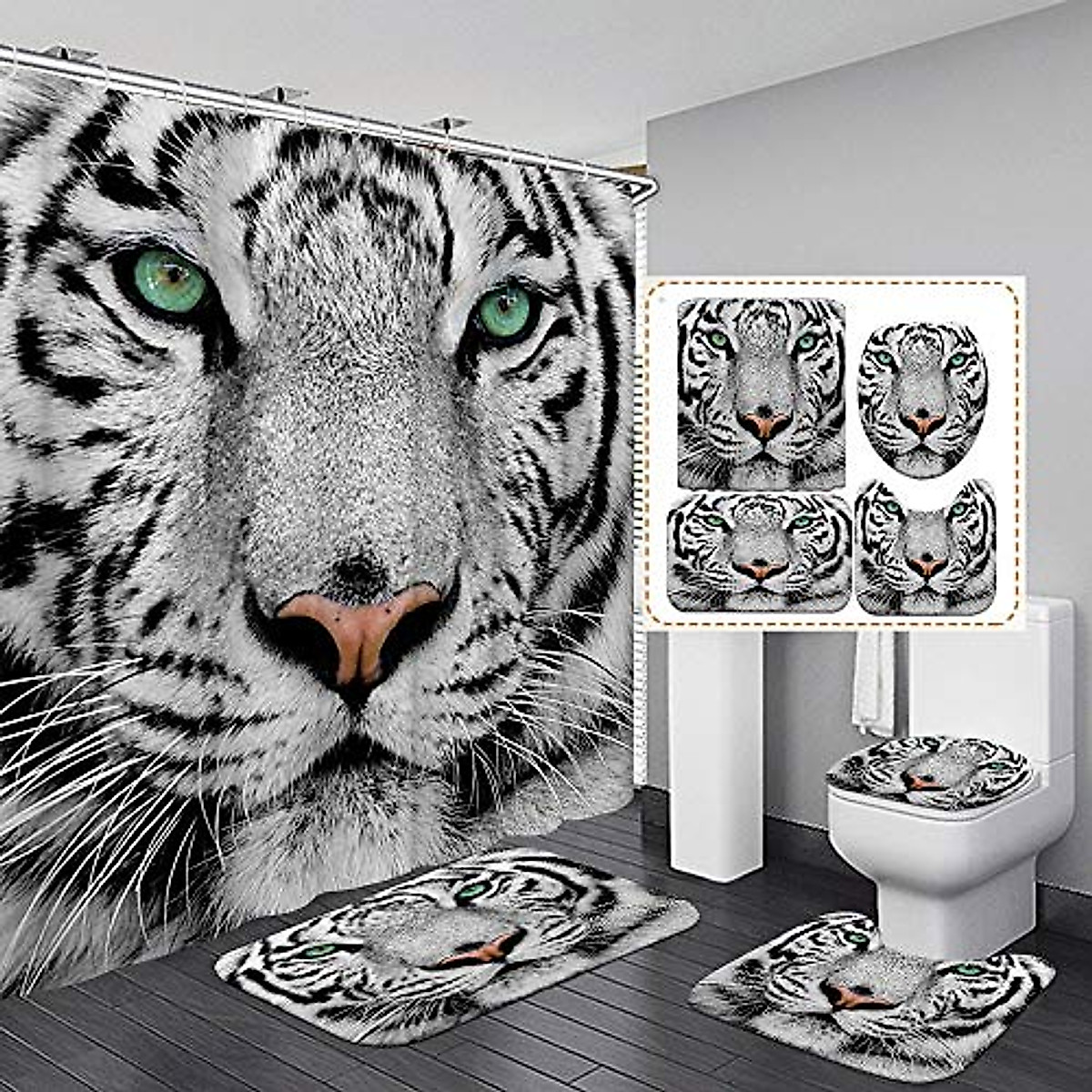 Black Tiger with Green Eyes Shower Curtain Sets with Non-Slip Rugs, Toilet Lid Cover and Bath Mat, Africa Animals Shower Curtains with 12 Hooks Durable Waterproof Bath Curtain