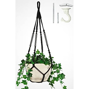 Shineloha 43 Inches Macrame Plant Hanger Large for up to 12 inch Pot | Extra Long + Hook | No Tassel, Cotton Rope Hanging Plant Holder with Swag Hook, NO Plant/Pot Included (Black)