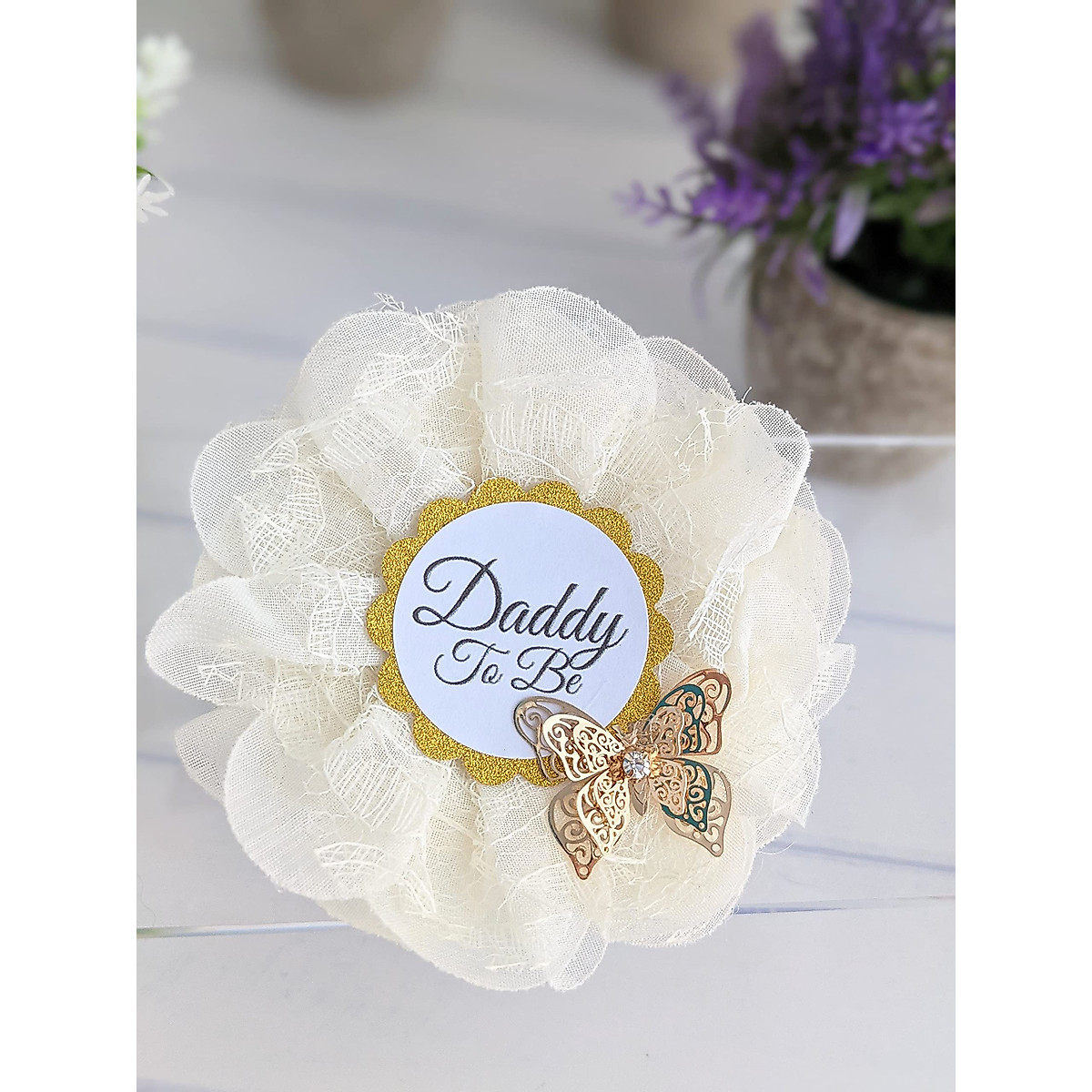 Daddy To Be Button | Dad To Be Pin| Gold Butterfly Baby Shower Ribbon | 3.5" Across | Ivory Lace Flower Corsage | Father To Be Keepsake Gift | Baby Sprinkle Pin