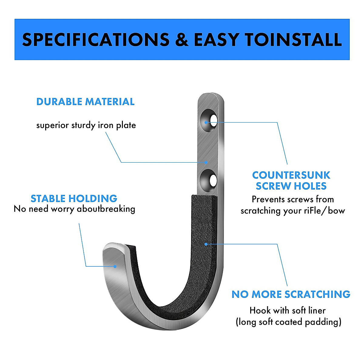 PIHSSFULL Secure Gun Hooks for Wall - Heavy Duty Steel Rifle and Shotgun Rack with Soft Padding for Safe Storage and Display