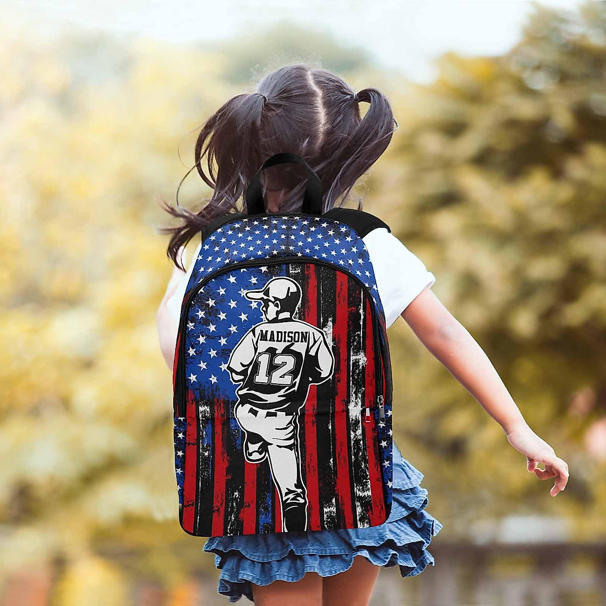 Custom Name Kid's Backpack Watercolor US Flag Pattern Baseball Player Personalized School Bookbag with Your Own Name Customization Casual Bookbags for Student Girls Boys on Birthday School Season