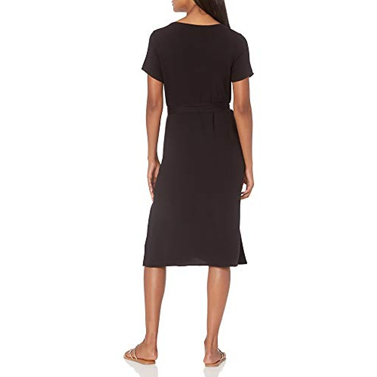 Amazon Essentials Women's Short-Sleeve Midi Button Front Tie Dress, Black, Large
