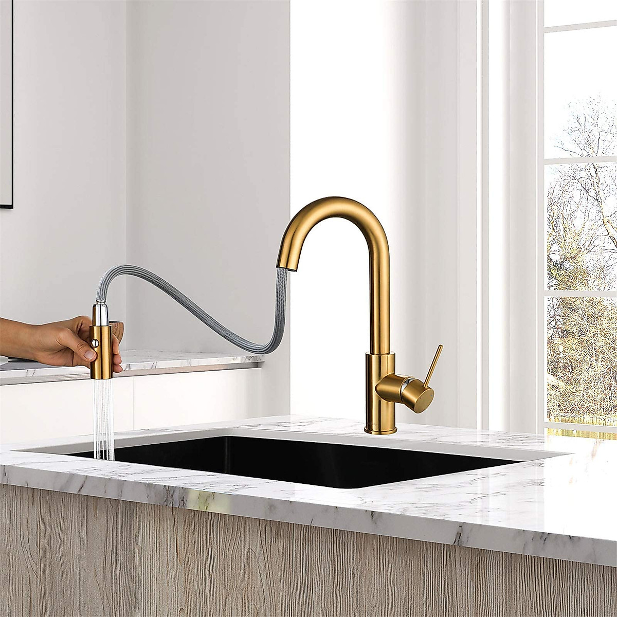 AguaStella AS59BG Brushed Gold Pull Down Bar Faucet and ASF026BG Brushed Gold Built in Soap Dispenser Combination