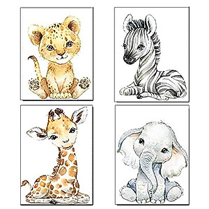 Baby Watercolor Animals Wall Art Prints Set of 4 (8x10,Unframed),Tiger Elephant Zebra Giraffe Safari Animals Pictures Nursery Decor Art