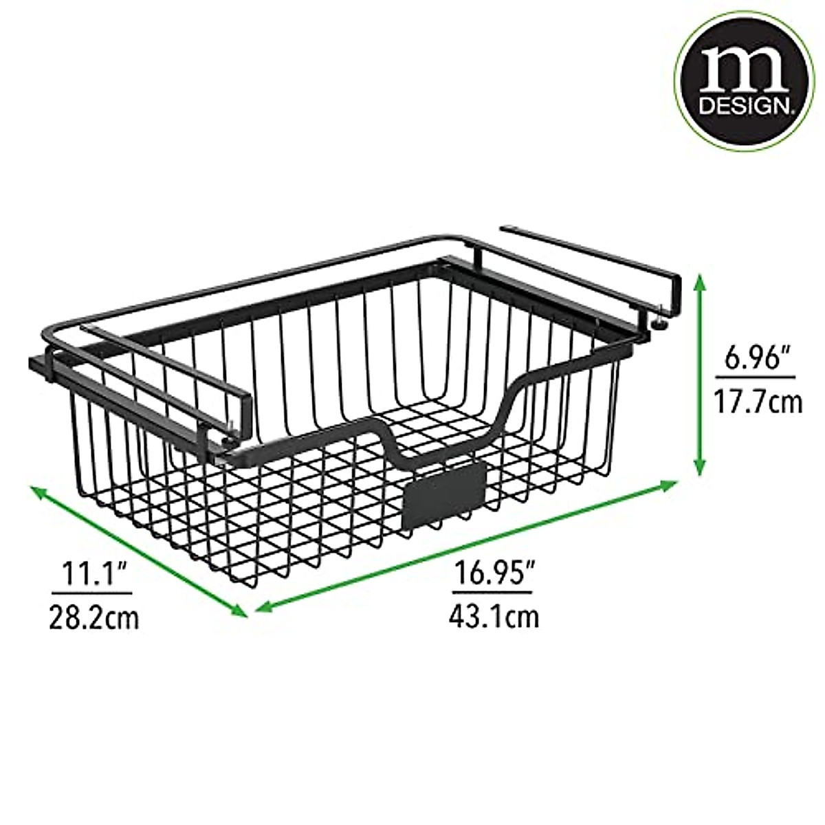 mDesign Wire Under Shelf Organizer for Cabinet - Sliding Basket for Under Cabinet Shelf - Hanging Organizer Rack for Kitchen and Pantry with Label Space - Carson Collection - 2 Pack - Matte Black