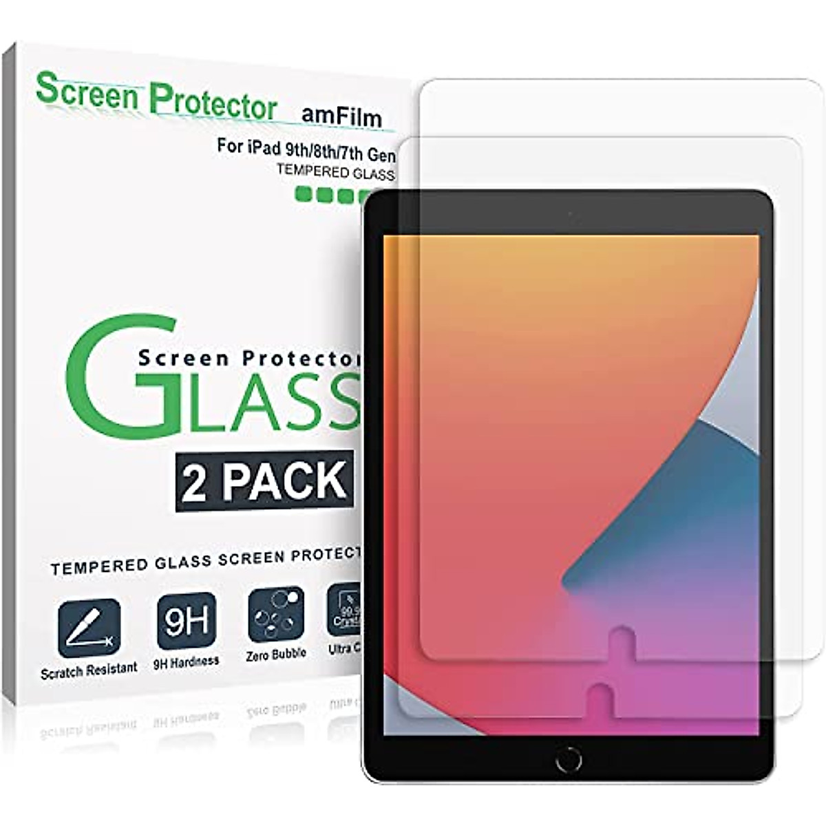 amFilm Screen Protector for New iPad 9 / iPad 8 / iPad 7, Apple Pencil Compatible, Tempered Glass, 2 Pack